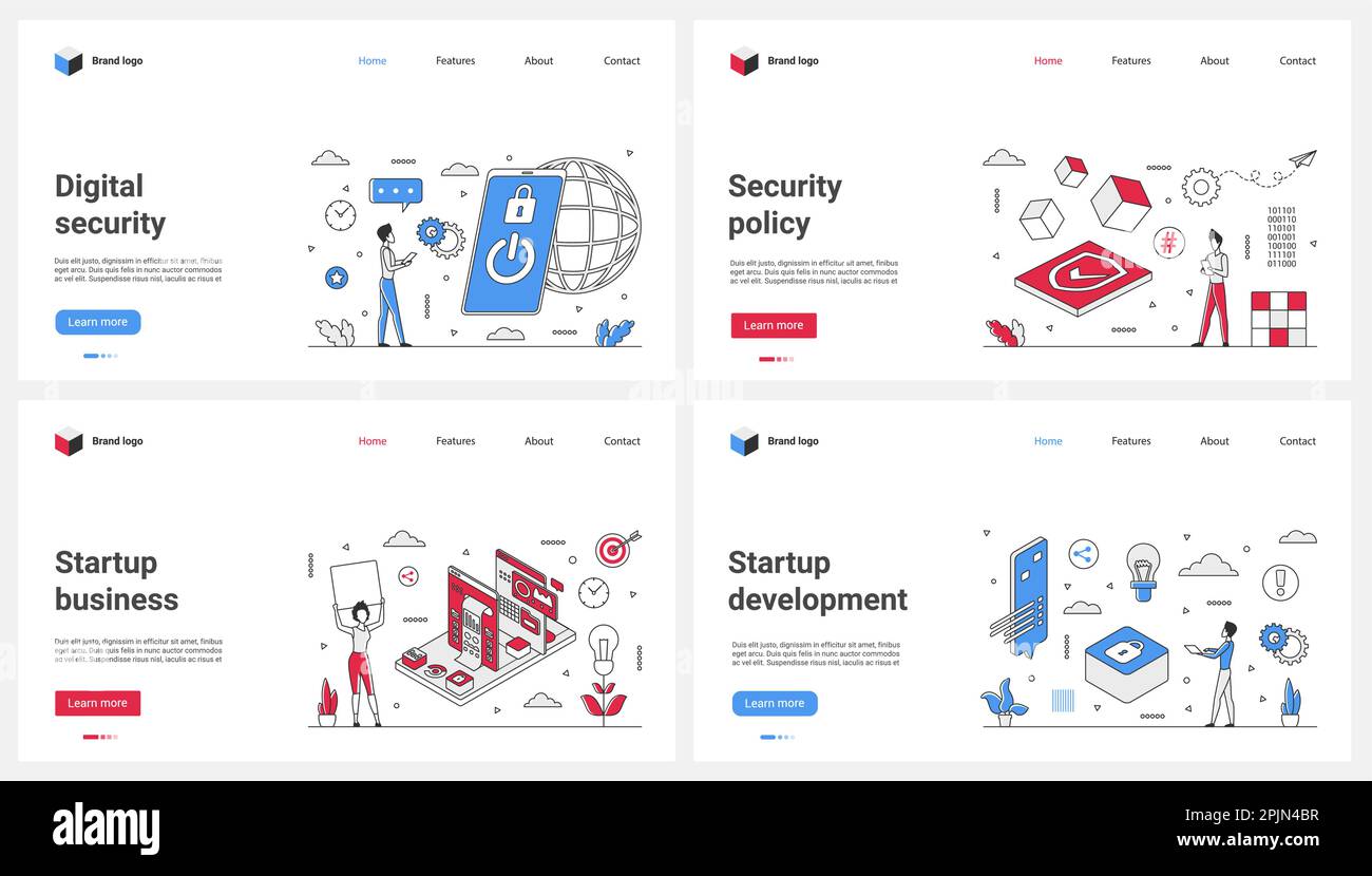 Digital security policy, digital startup development set vector illustration. Cartoon tiny ...