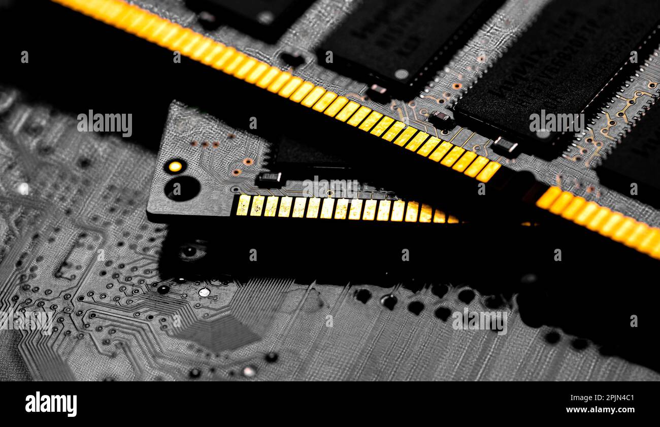 Macro Close up of computer RAM chip; random access memory chip slot for ...