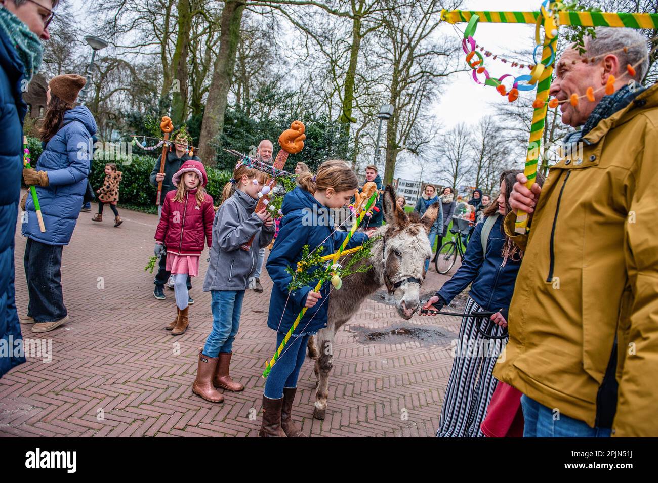 A girl holding a palm branch is seen petting a small donkey. As part of ...