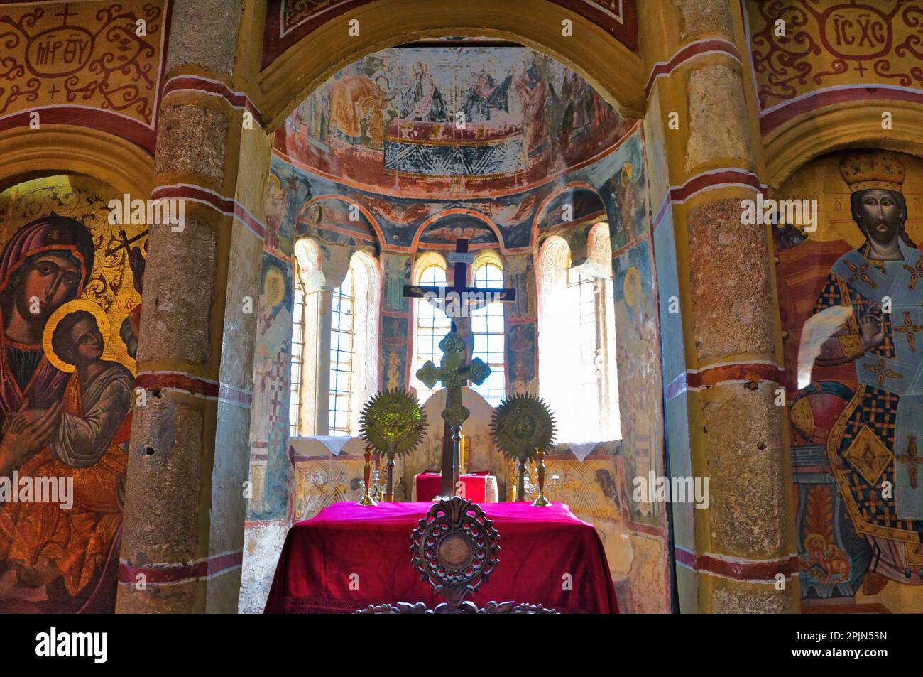 Byzantine church in medieval city of Mystras, Greece. Castle of Mistras ...