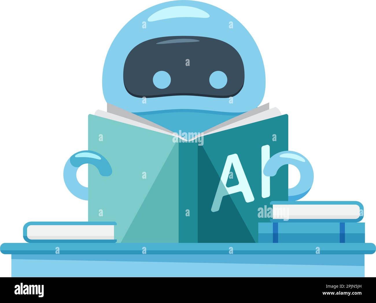 Robot or bot reading book named AI and sitting at the table. Artificial ...