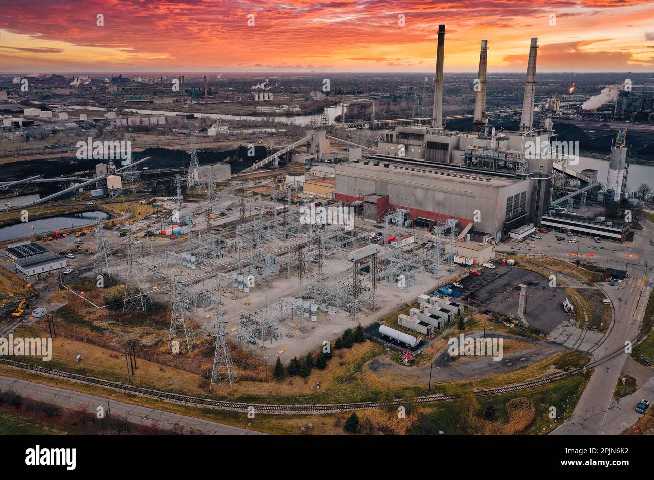 DTE River Rouge Coal-fired power plant (retired), aerial view, River ...