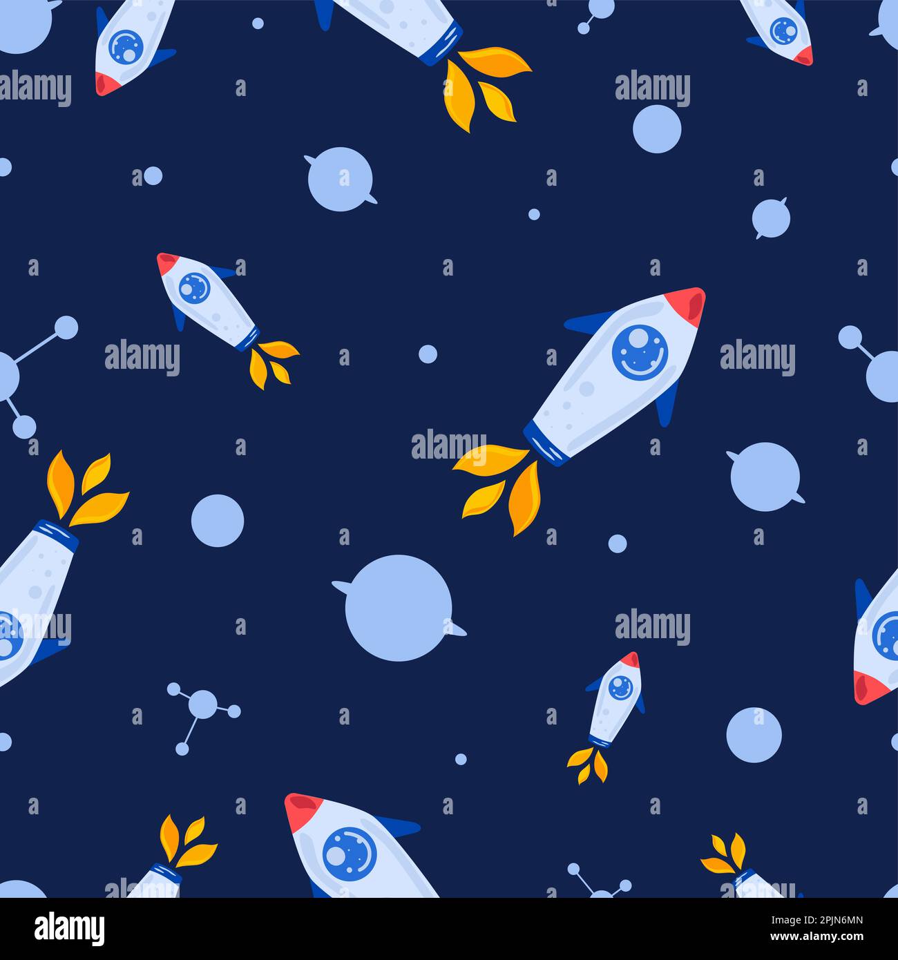 Space seamless pattern on blue background with rockets, planets and ...