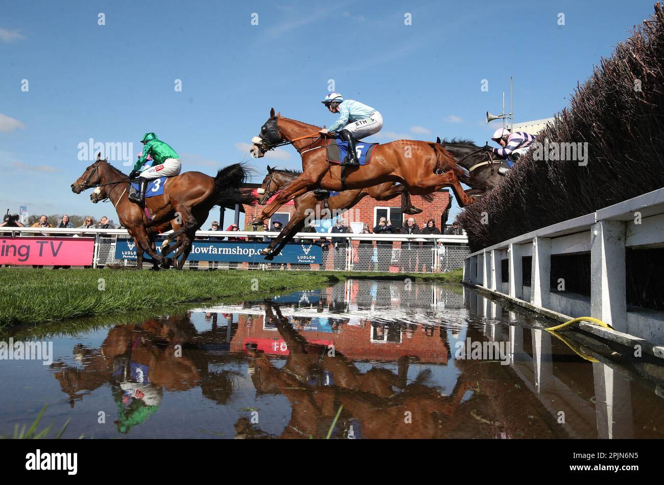Runners and riders clear the water jump during the Boyne Cup at Ludlow ...