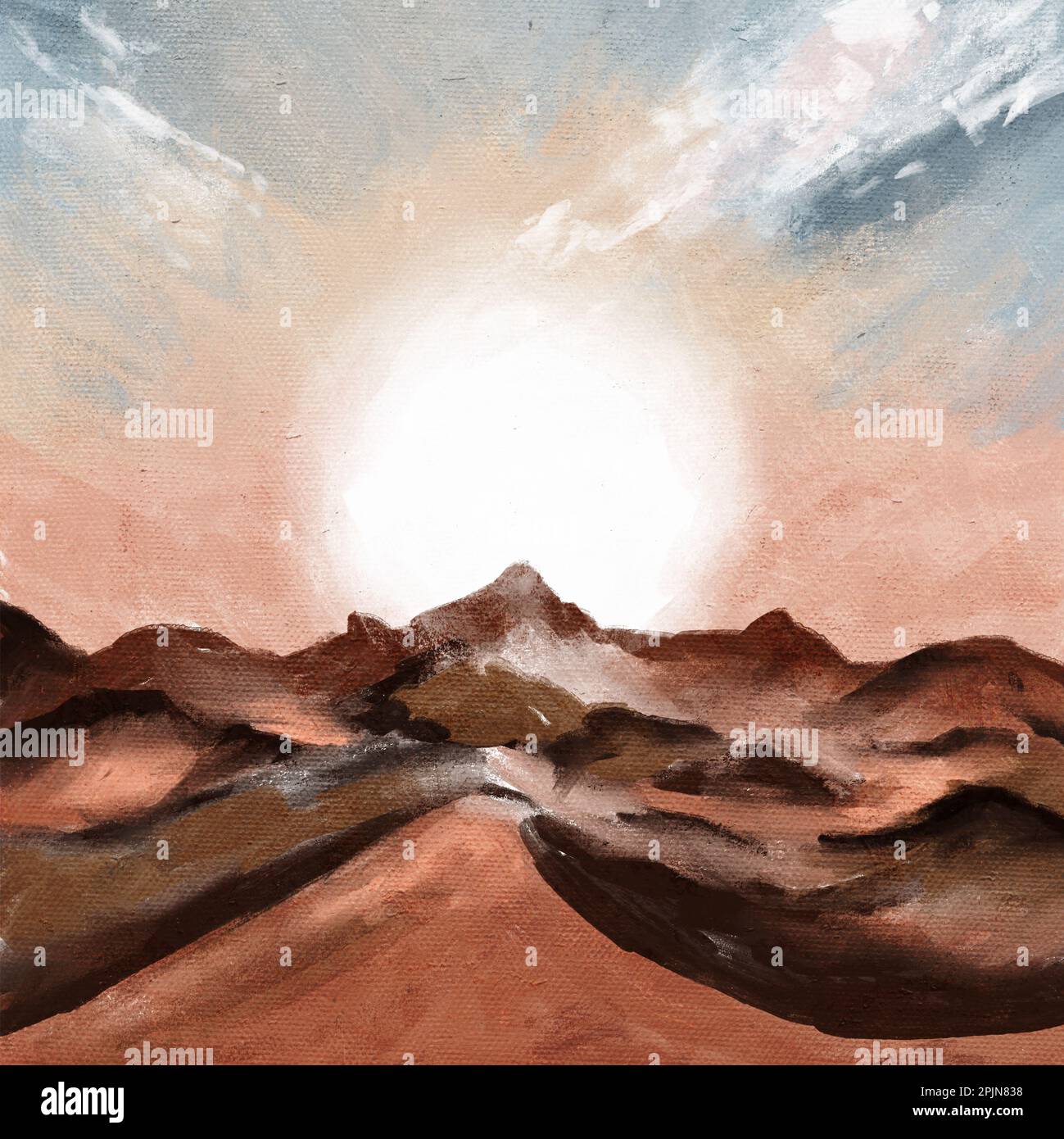 Hand drawn illustration of sunset sunrise in desert sand valley with ...