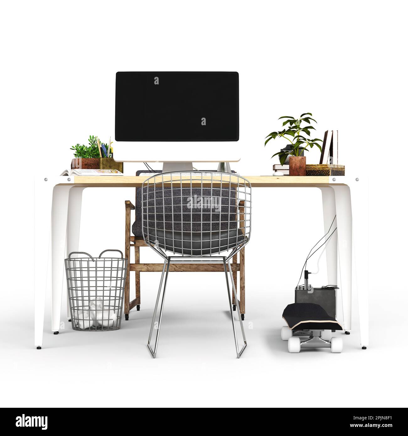 A 3d rendering of a modern workspace with an office desk, laptop ...