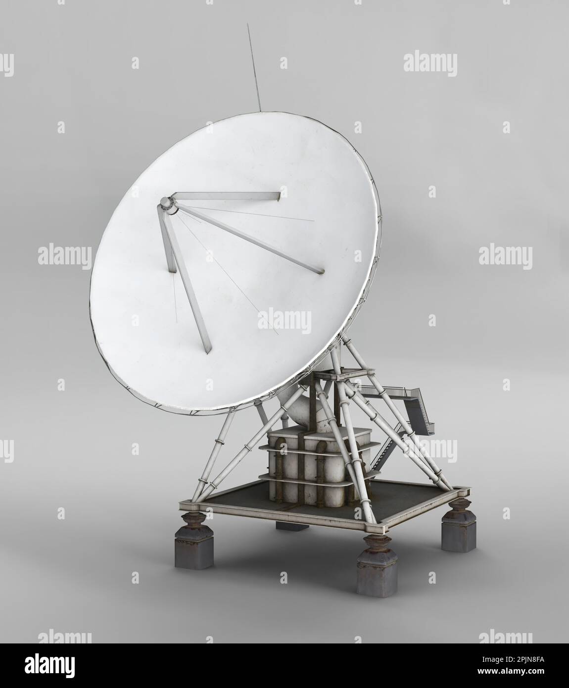 A 3d rendering of a satellite dish is mounted on a stand, ready to be ...