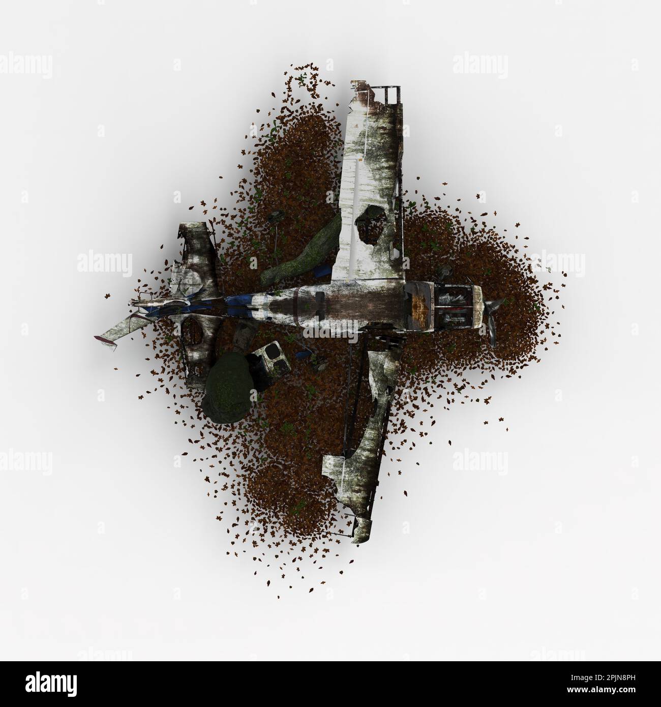 3D rendering of an airplane crash on a white background with debris ...
