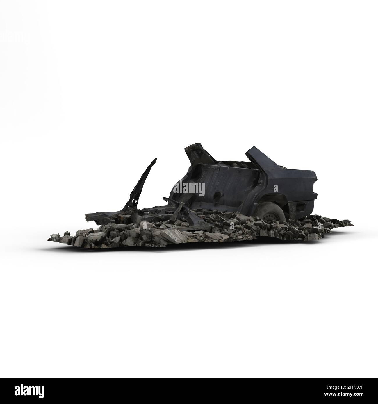 A 3D illustration of a wrecked car on a white background, with debris ...