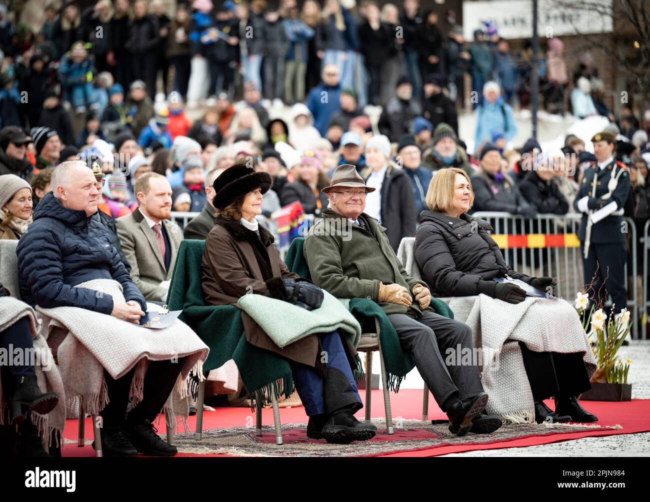Sweden's King Carl XVI Gustaf and Queen Silvia together with together with County Governor ...