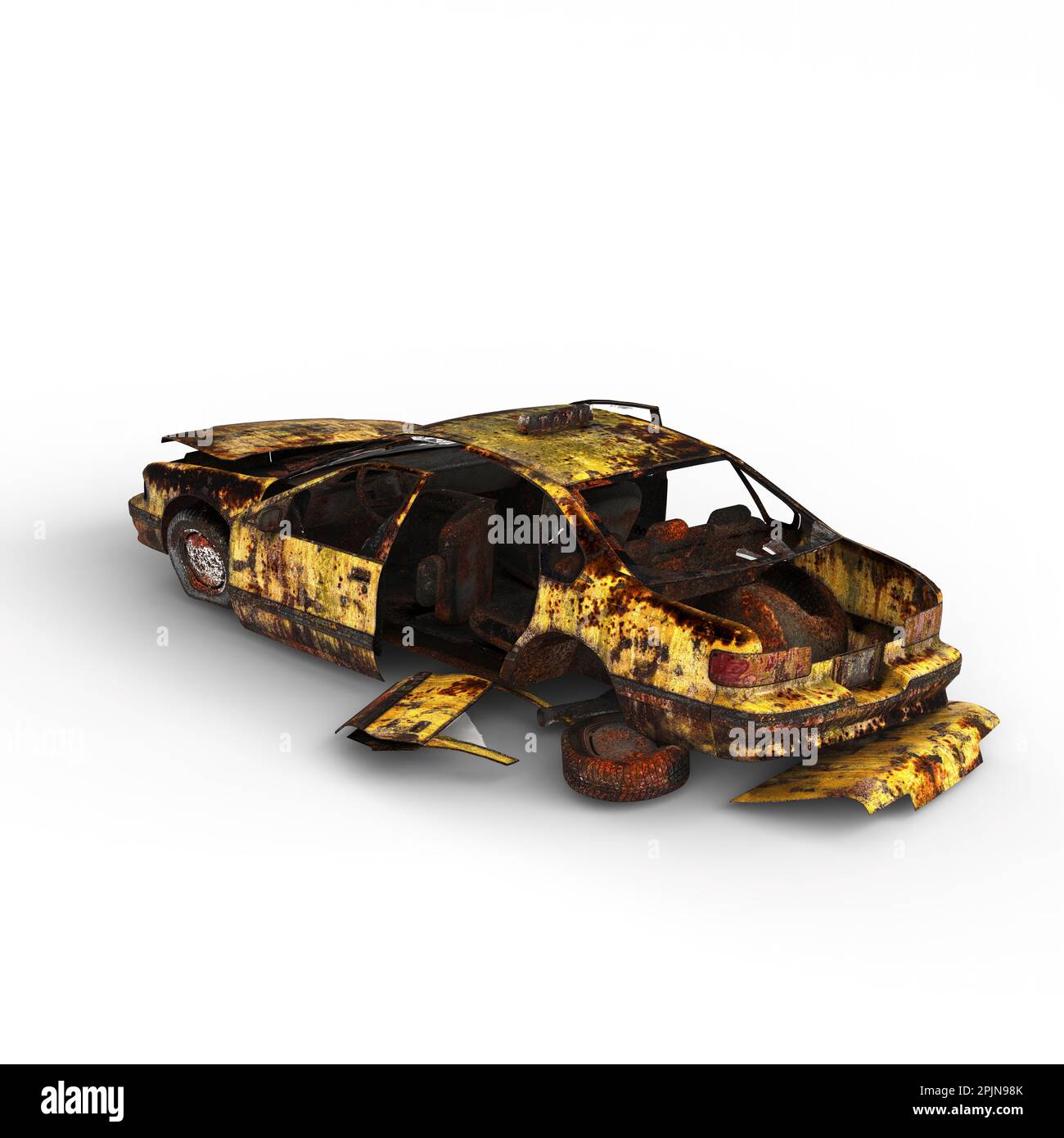 A 3D rendering of a crashed car on a white background, featuring ...