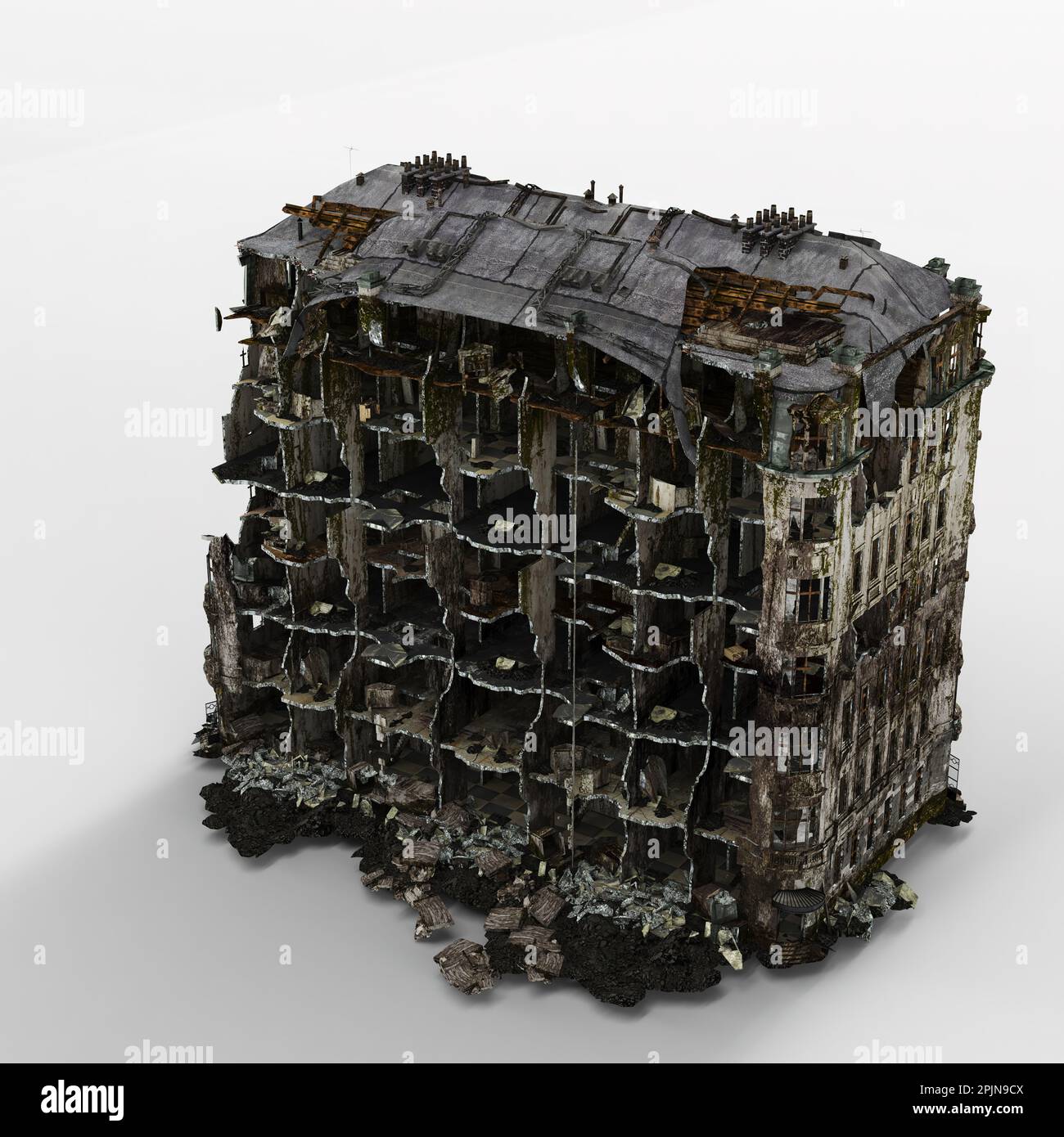 A 3d rendering of a destroyed building on a white background Stock ...
