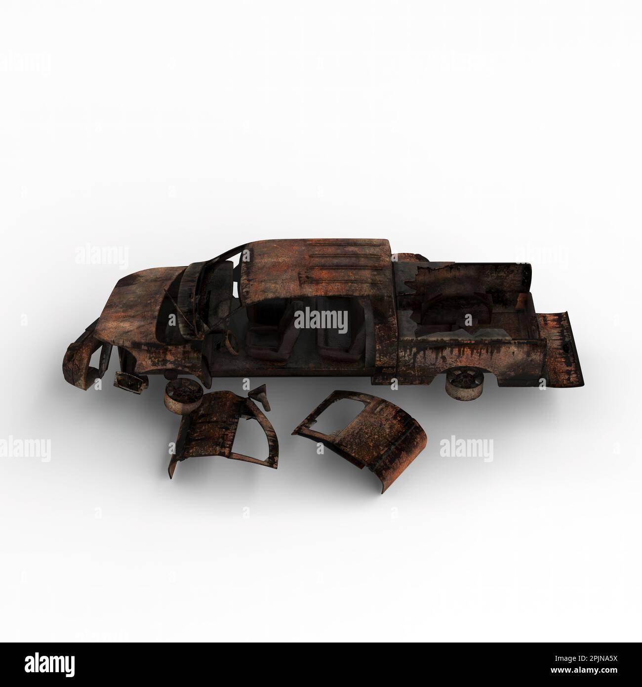 A 3d rendering of a crashed vehicle on a white surface Stock Photo - Alamy
