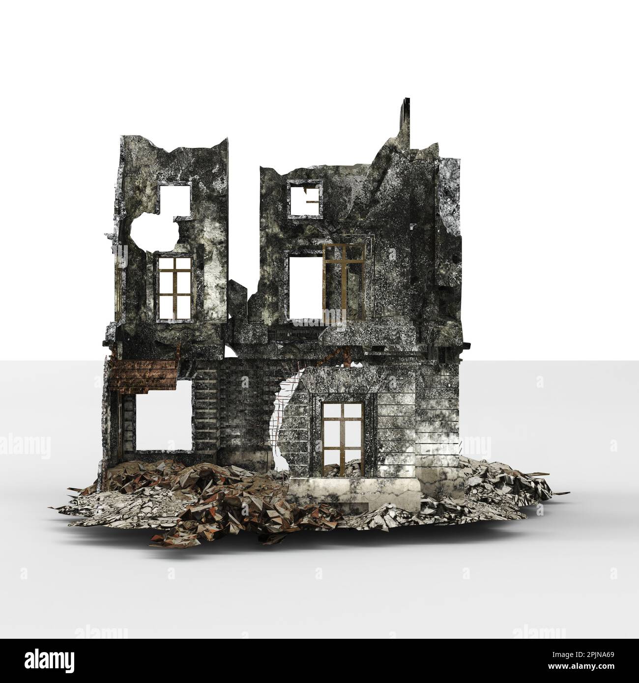 A 3d rendering of a dilapidated structure reduced to a pile of ruinous ...