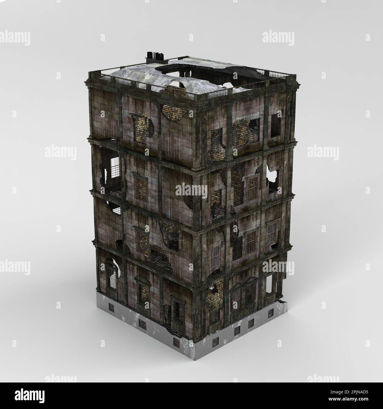 A three-dimensional illustration of a ruined building, featuring broken windows and walls with ...