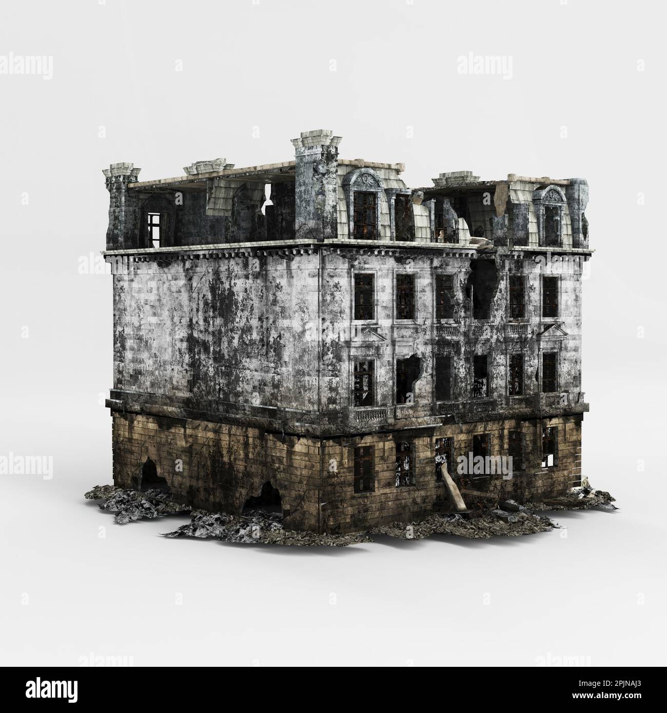 3D illustration of a demolished building on a white background Stock ...