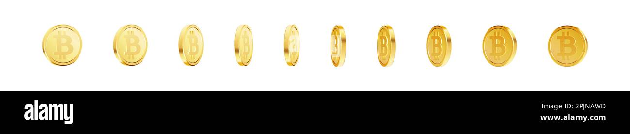 Set of rotating gold bitcoin coins. Golden cryptocurrency crypto cash ...