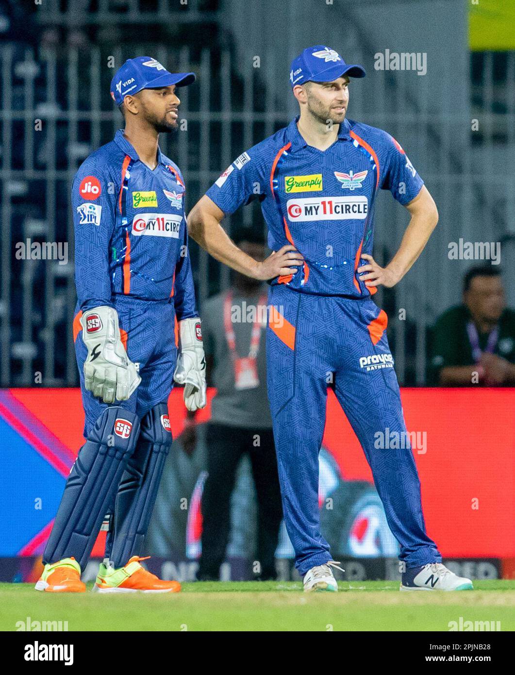 Nicholas Pooran of Lucknow Super Giants and Mark Wood talk during the ...