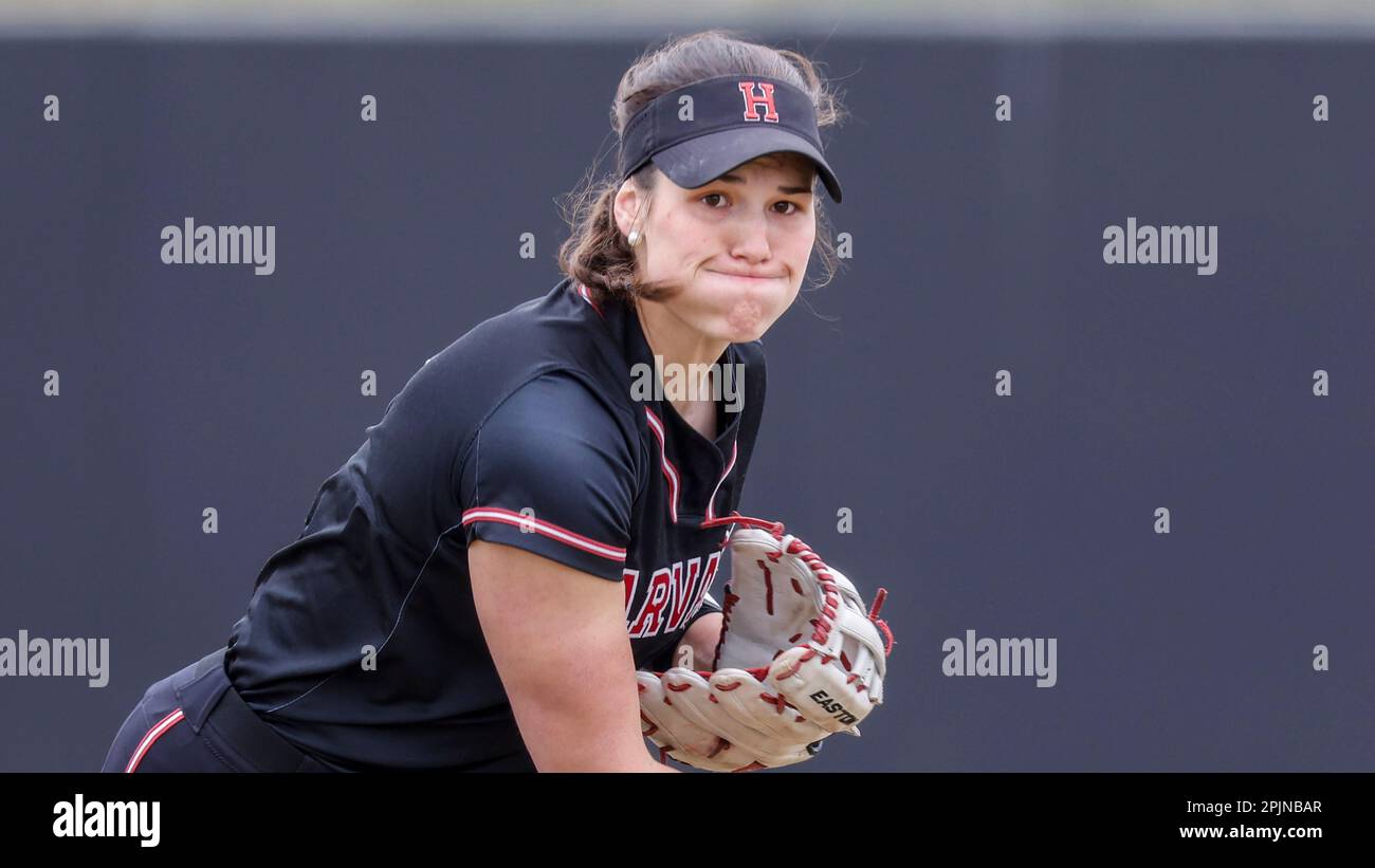 Harvard University outfielder Megan Welsh (7) makes a throw during an NCAA softball game against ...