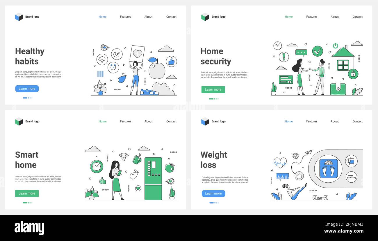 Healthy habits for weight loss, smart home and security set vector ...