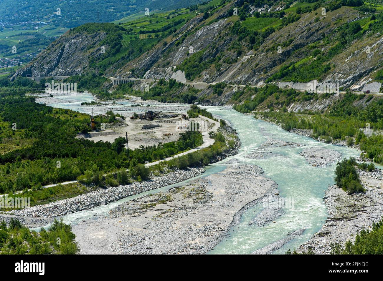 Rottensand, non-canalised section of the Rhone river in the Pfynwald ...