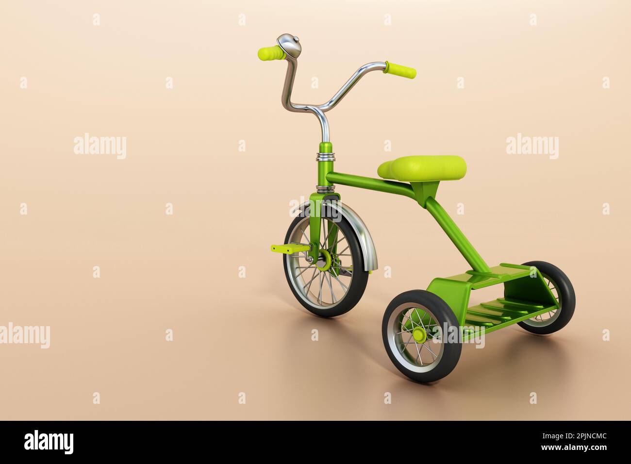 Green vintage kid's tricycle. Copy space on the left side. 3D ...