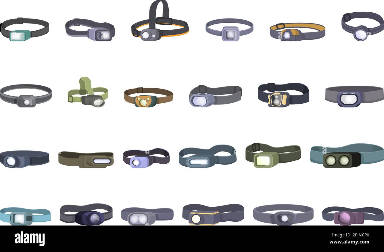 Headlamp icons set cartoon vector. Head flash. People light Stock ...