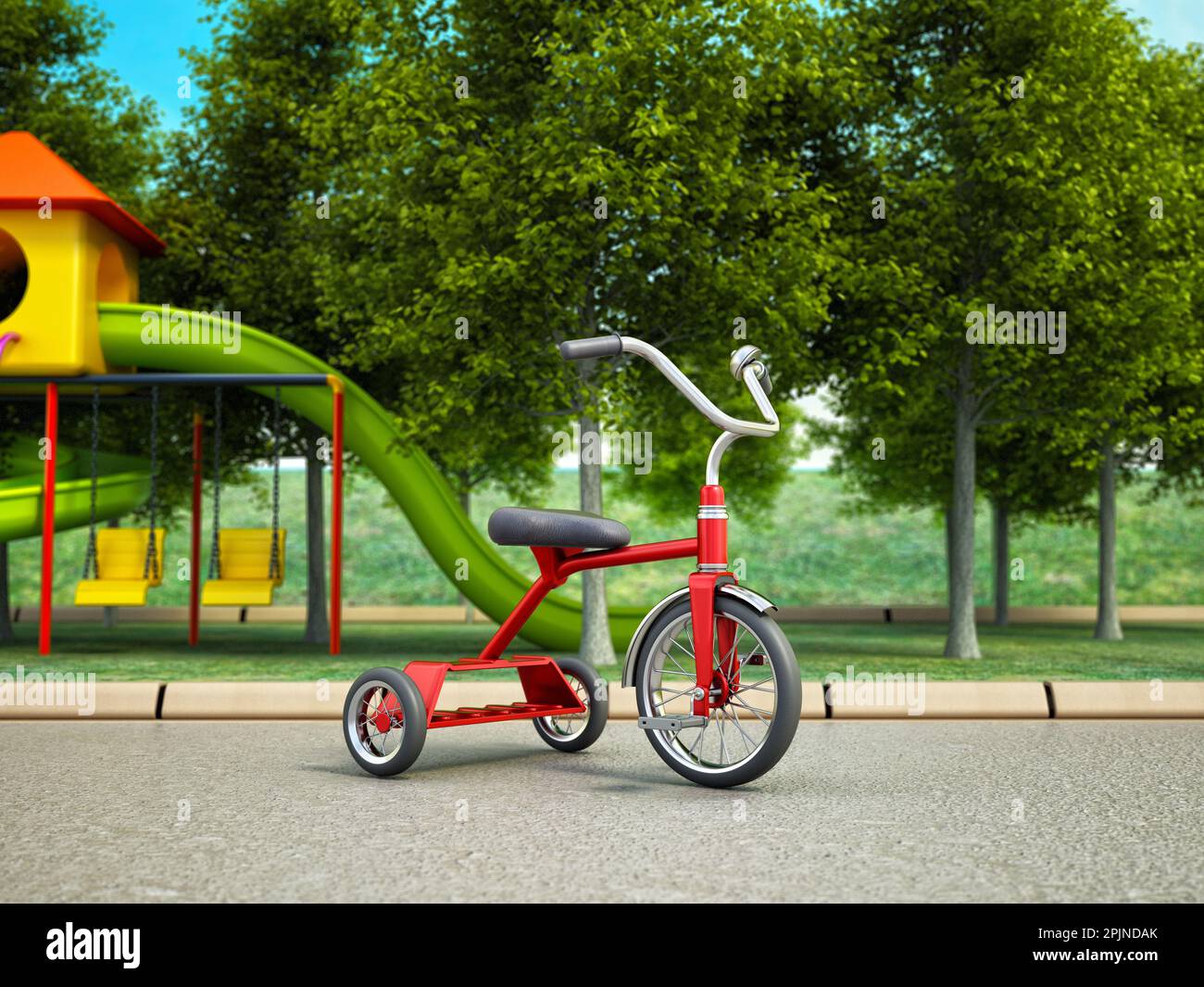 Red vintage kid's tricycle in the playground. 3D illustration Stock ...