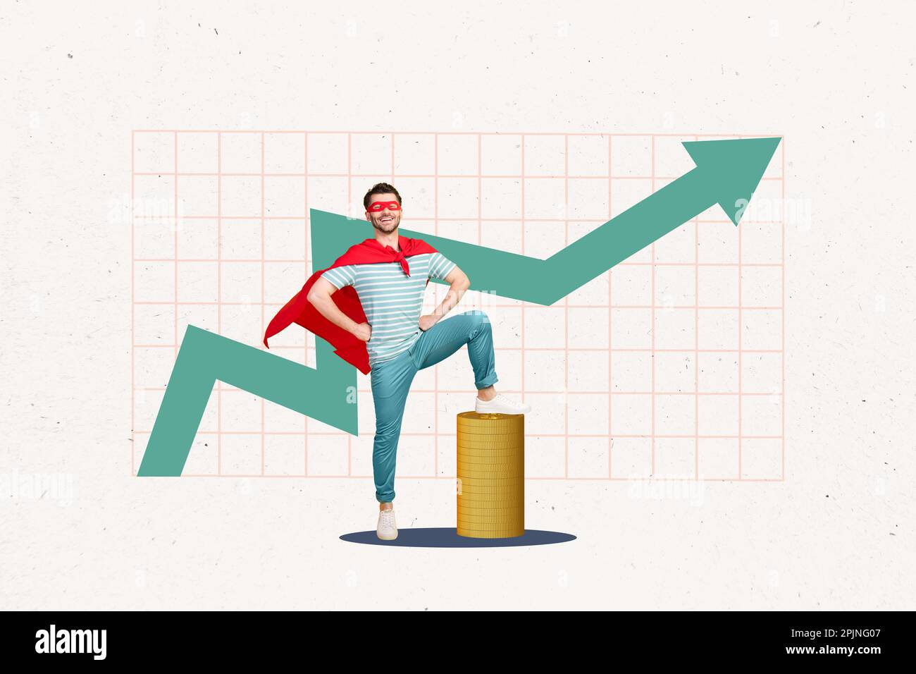Creative collage photo of active optimistic handsome superman hold leg ...