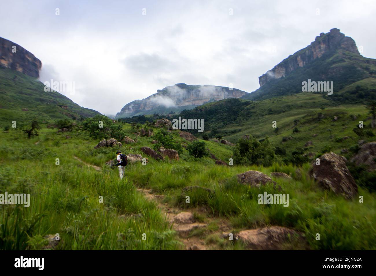 Hikker in the Drakensberg mountains, with the last of the morning mist ...
