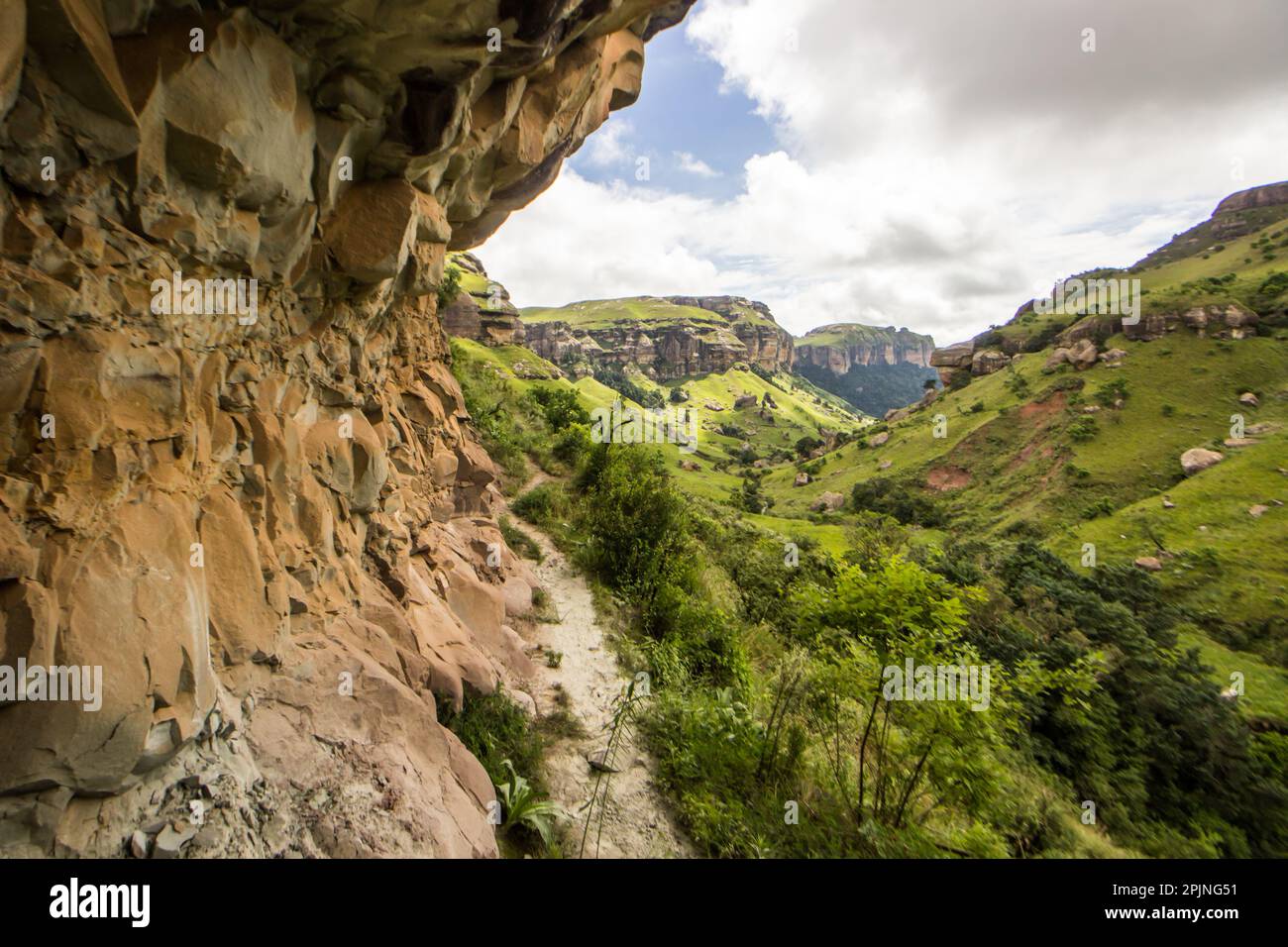 View over a hidden valley in the Drakensberg mountains, sheltering next ...