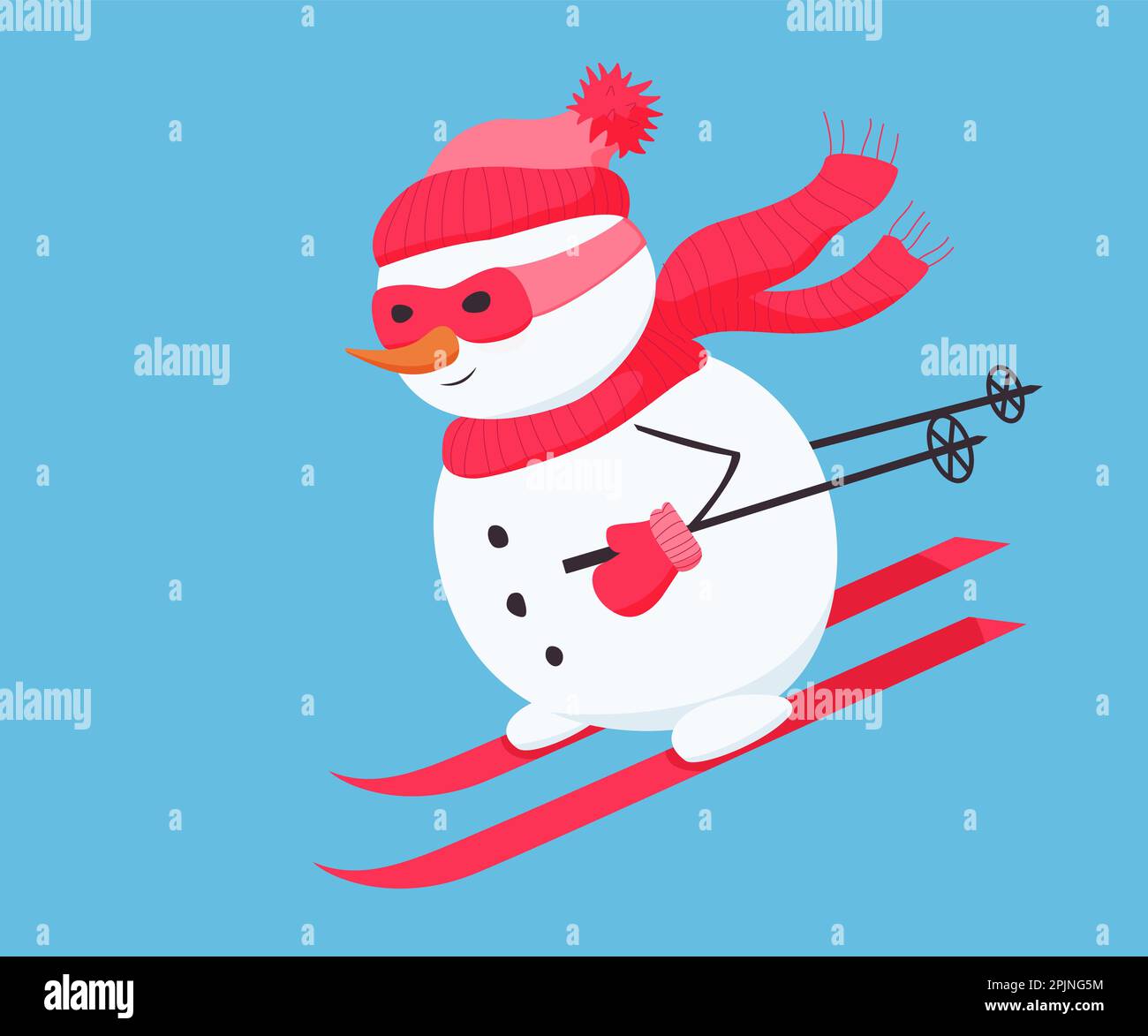 Cute snowman skiing on ski. Snowman in red hat, scarf and gloves ...
