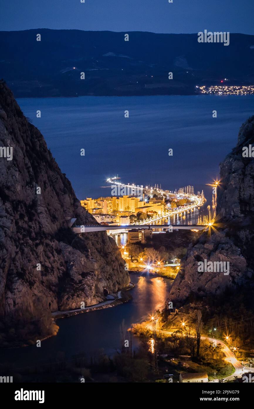 Night view of bridge over the Cetina river in Omis, Croatia on 02 ...