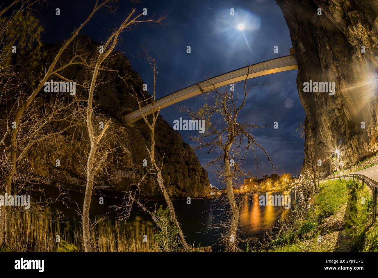 Night view of bridge over the Cetina river in Omis, Croatia on 02 ...