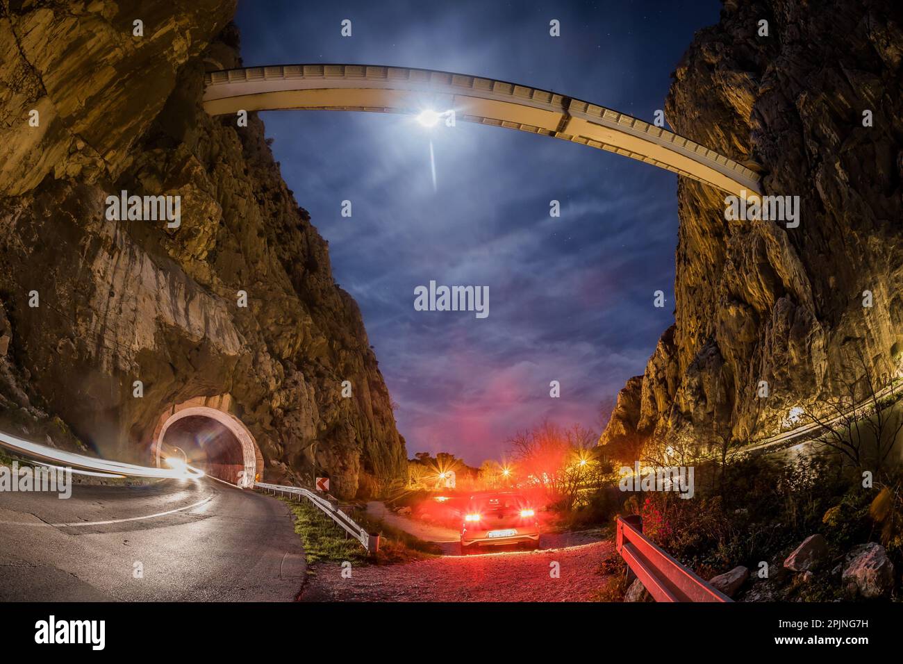 Night view of bridge over the Cetina river in Omis, Croatia on 02 ...