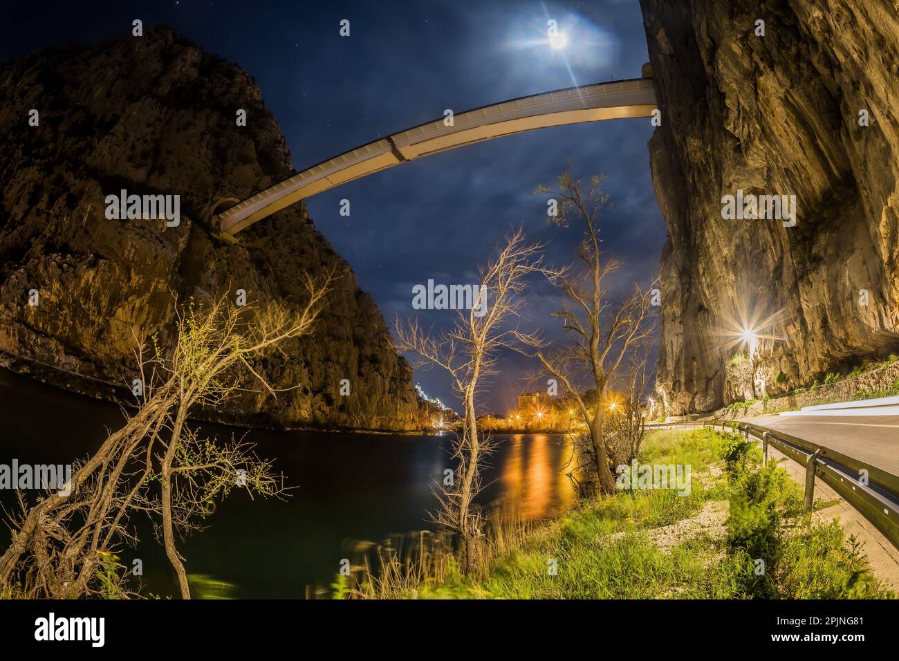 Night view of bridge over the Cetina river in Omis, Croatia on 02 ...
