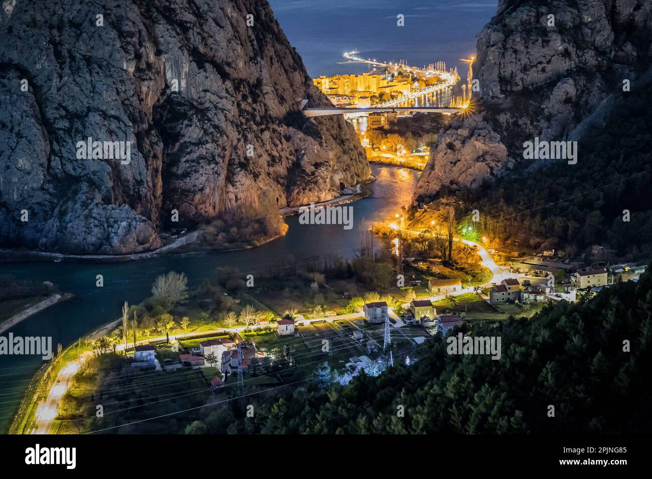 Night view of bridge over the Cetina river in Omis, Croatia on 02 ...