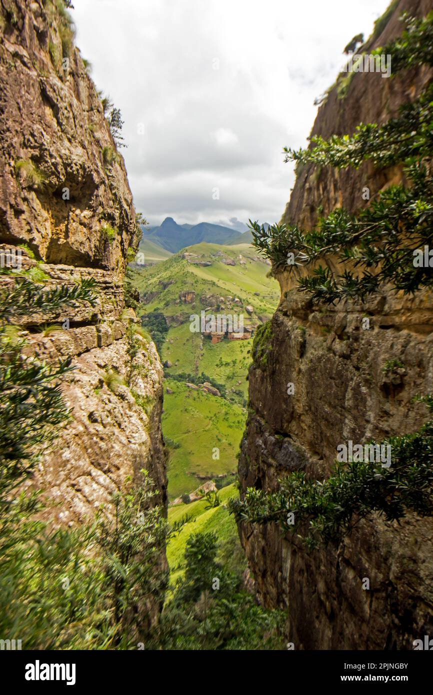 View through a narrow crack in the Sandstone Cliffs at the Drakensberg ...