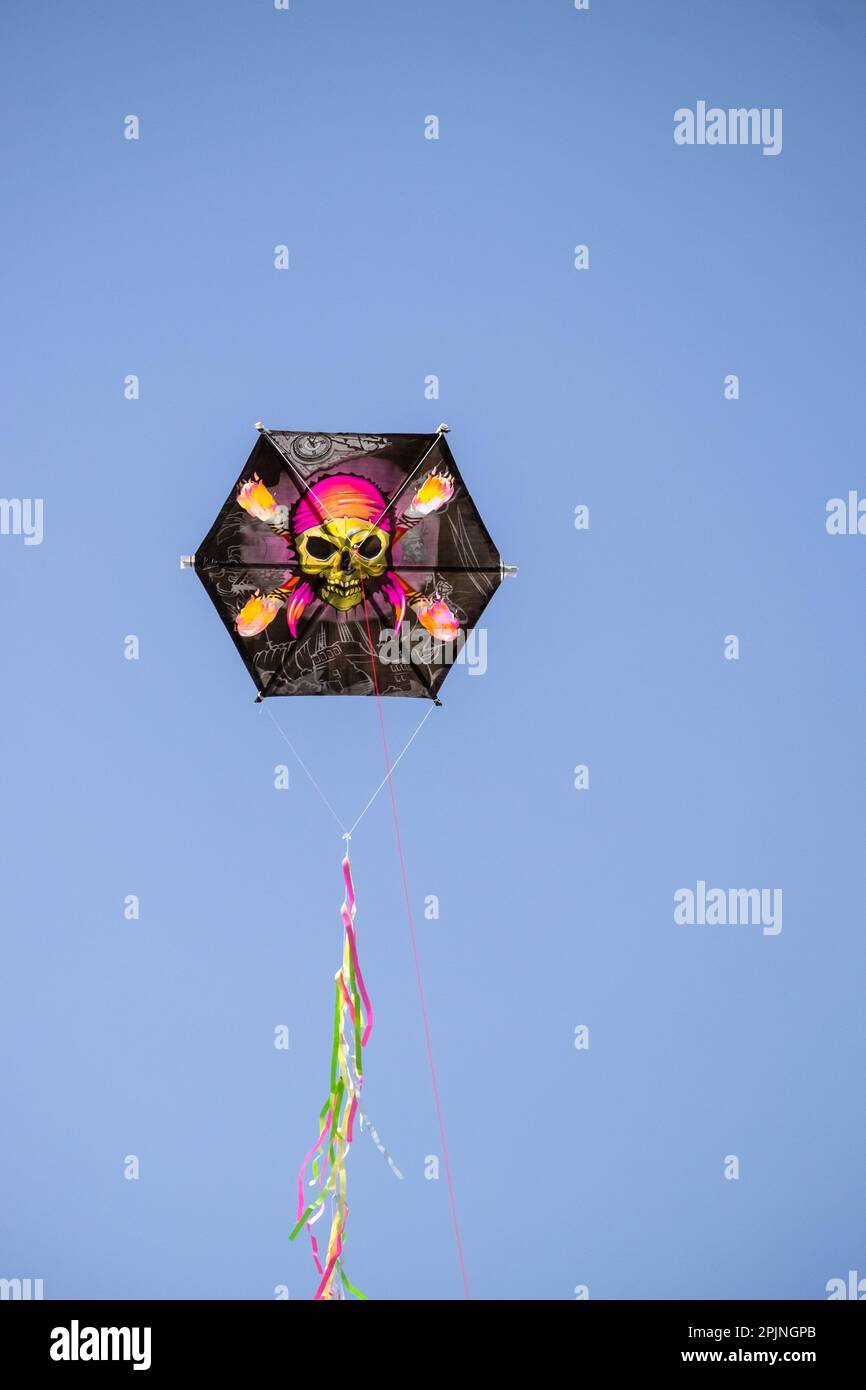 Kite with a pirate on it flying in a blue sky Stock Photo - Alamy