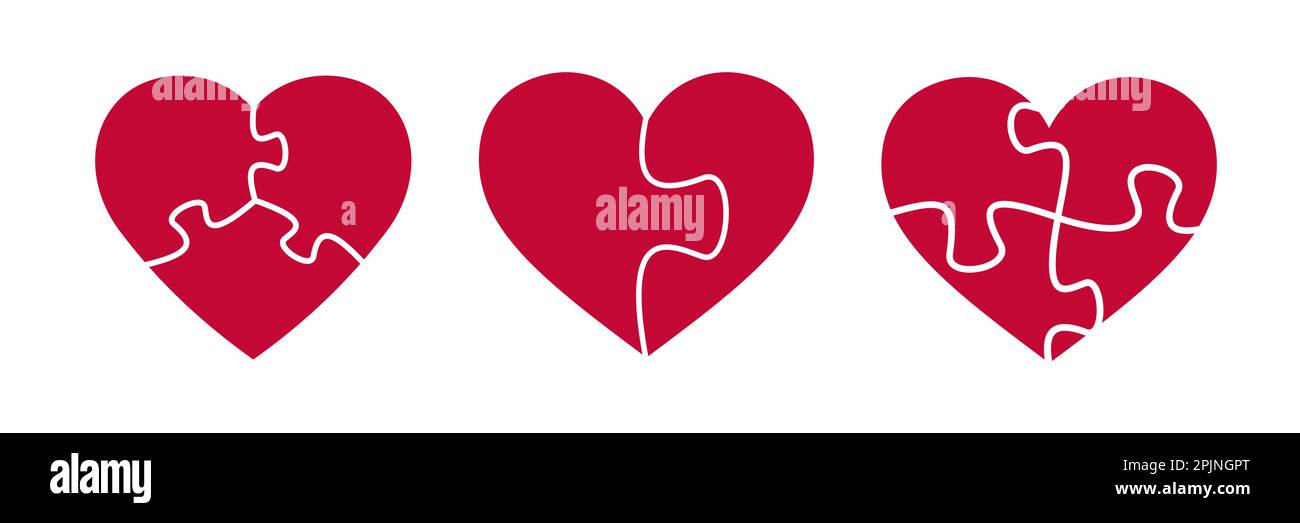 Set of puzzle heart shapes. Two, three, four puzzle pieces. Valentine ...