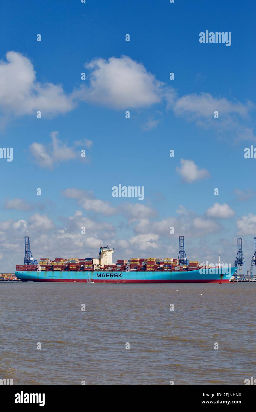Container ship Emma Maersk berthed at the Port of Felixstowe, Suffolk ...