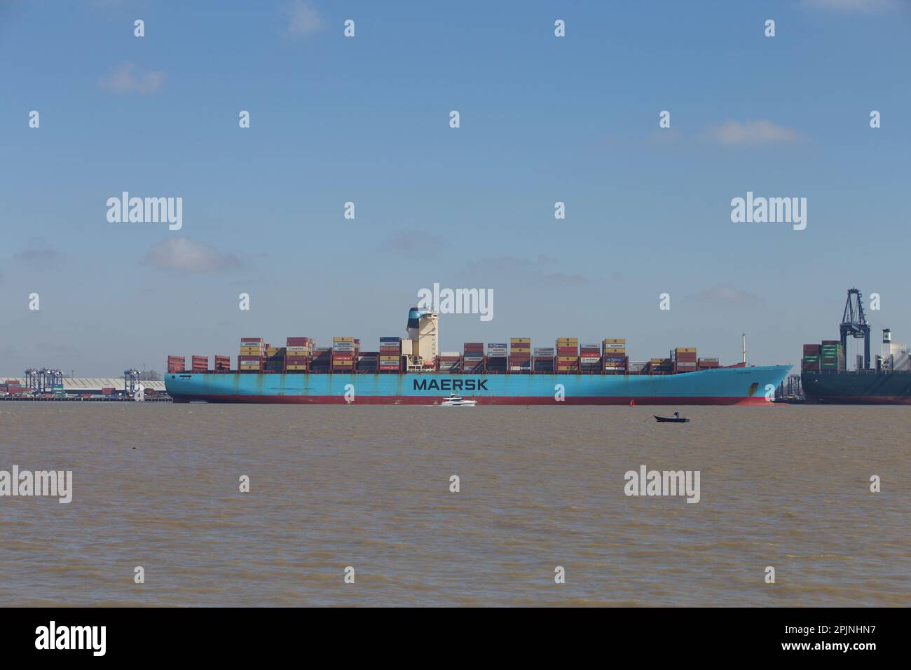 Container ship Emma Maersk berthed at the Port of Felixstowe, Suffolk ...