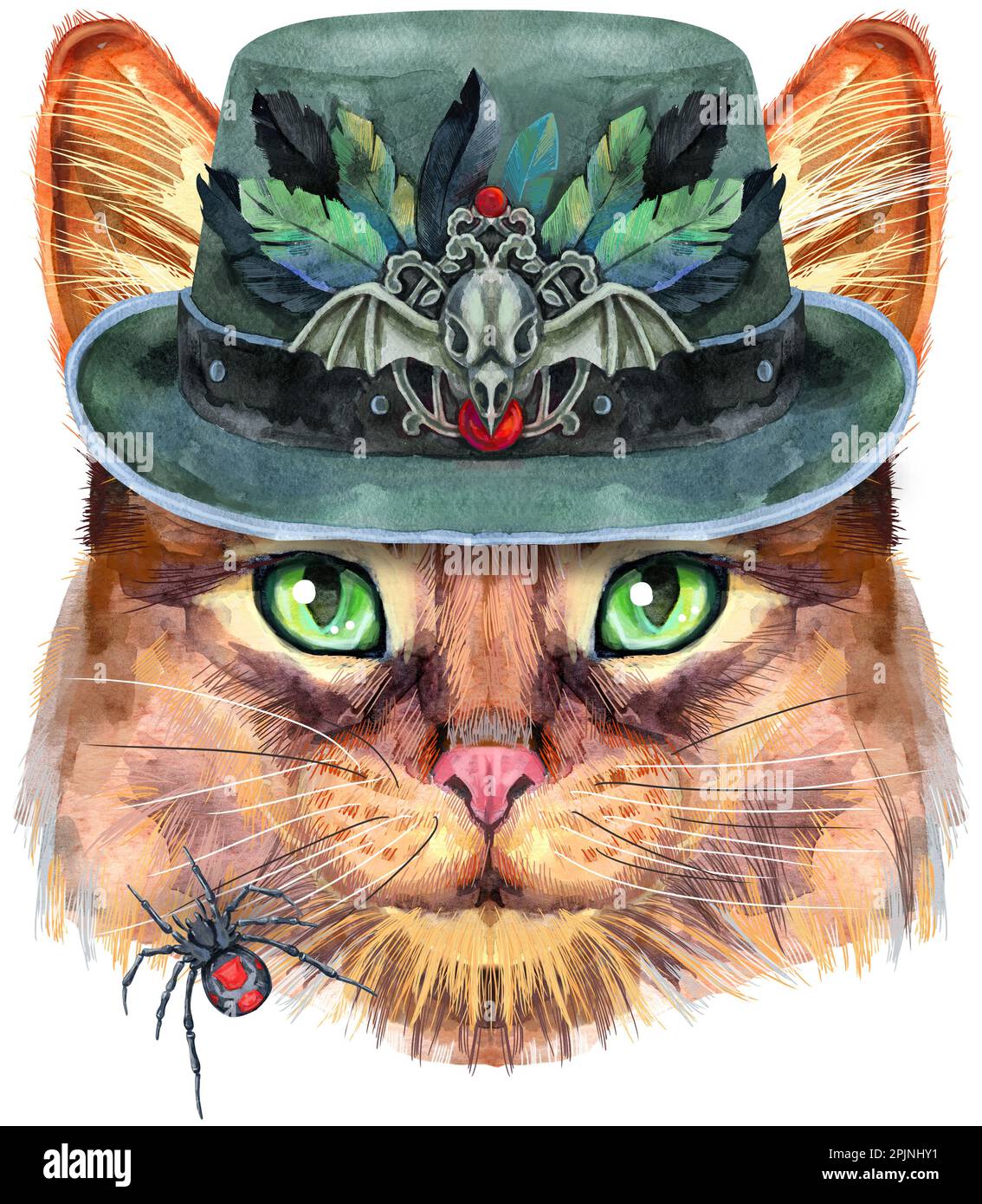 Cute cat in green halloween hat with with raven skull and feathers. Cat ...