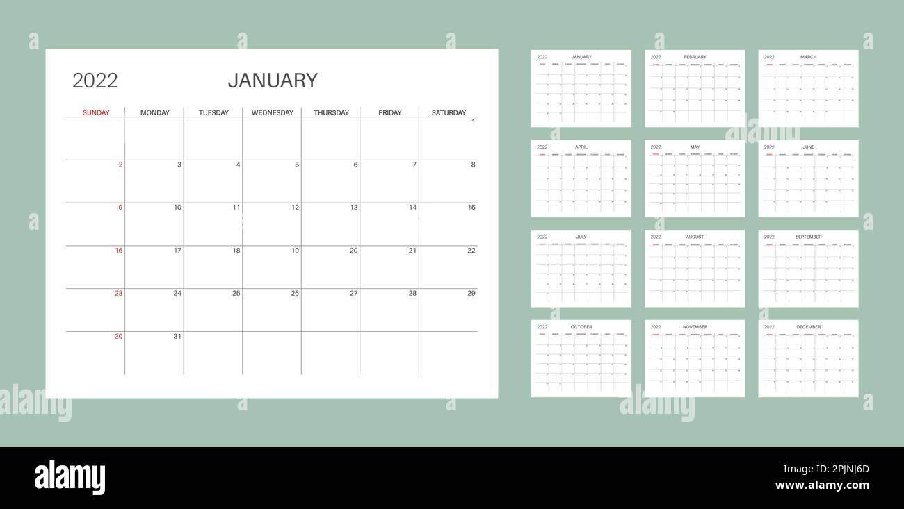Monthly Calendar 2022. Sunday week start. Letter size. Horizontal album ...