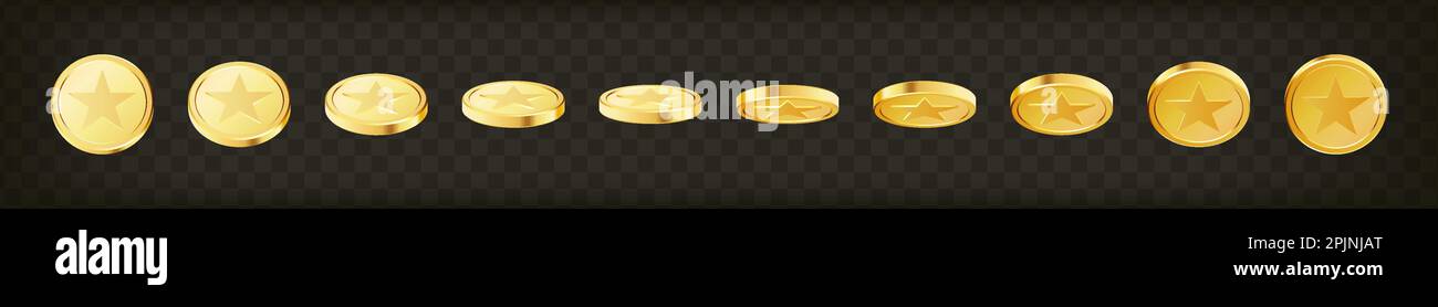 Set of rotating gold coins with star sign on transparent background ...