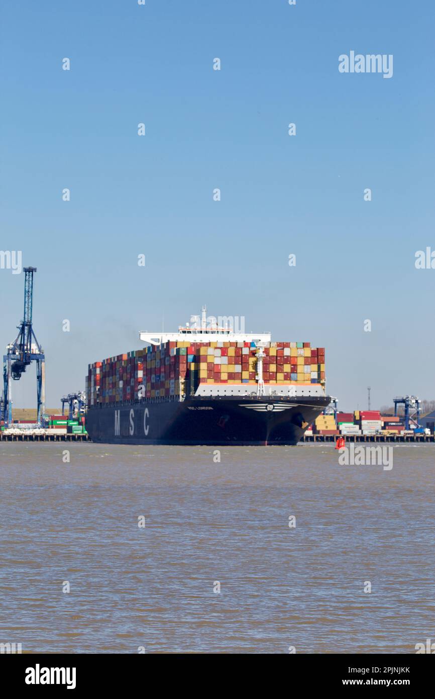 Container ship MSC London berthing at the Port of Felixstowe Suffolk UK ...