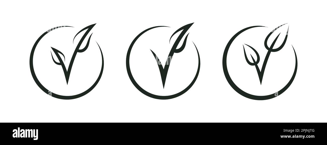 Vegan label with check mark as sprout with leaf. Vegan symbol. Organic ...