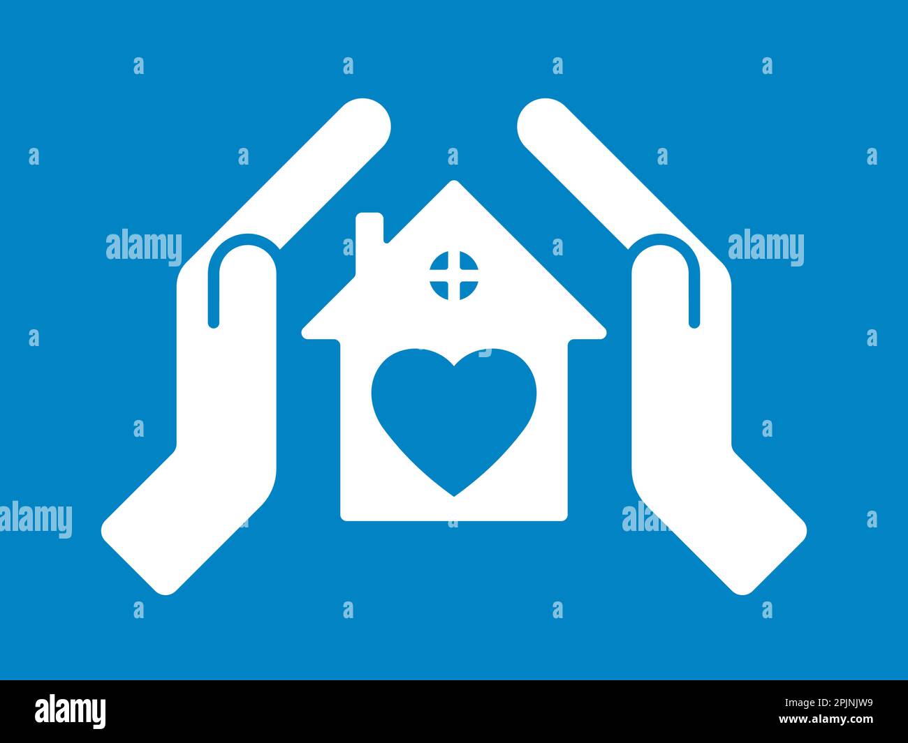 Hands cover the roof of the house. Heart symbol inside the house. Home ...