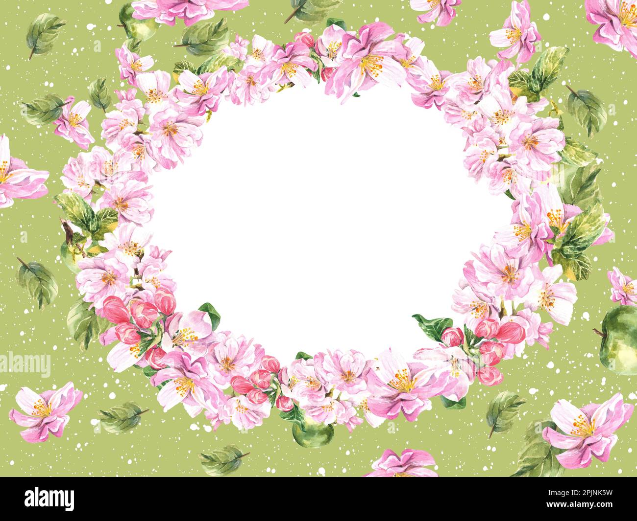 Oval composition of a blossoming apple tree on a green background ...