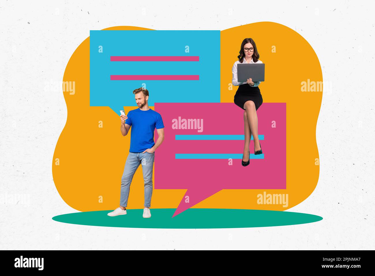 Creative collage photo artwork 3d sketch of young cheerful people ...